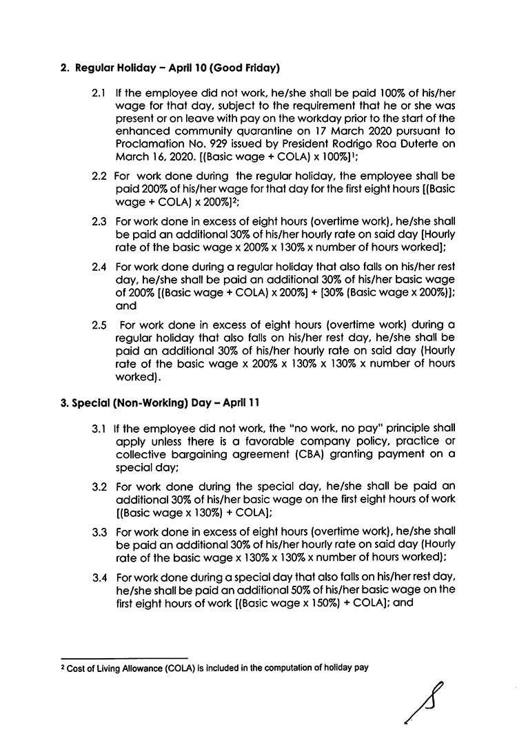 DOLE Issues Advisory On Payment Of Wages For April 9-11, 2020