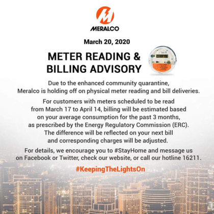 Meralco Holds Off Billing Delivery, Meter Reading