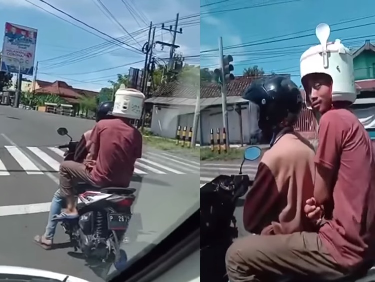 Motorcycle Backrider Using Rice Cooker As Helmet Goes Viral