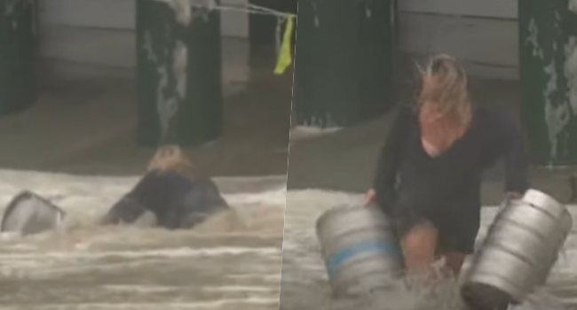 Woman Jumps Into Raging Ocean During Flood To Save Beer Kegs