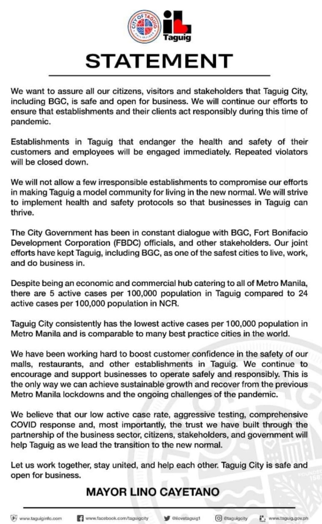 Official Statements on Closing of BGC Restaurant for Holding Raymond ...