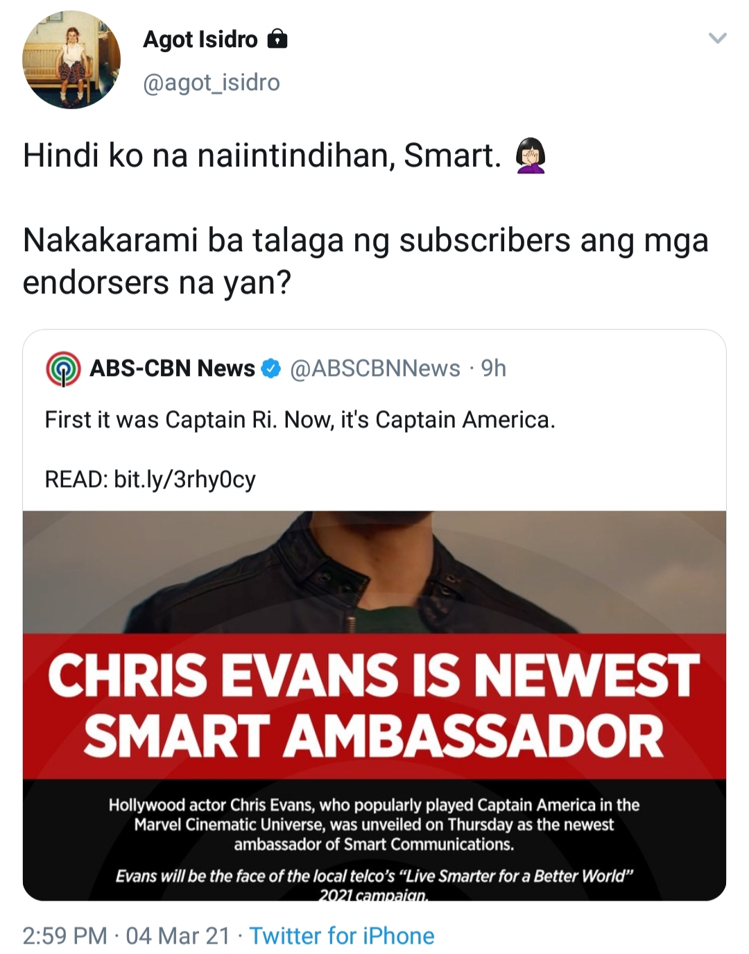 Agot Isidro Reacts After Choosing Chris Evans as Newest Smart Ambassador