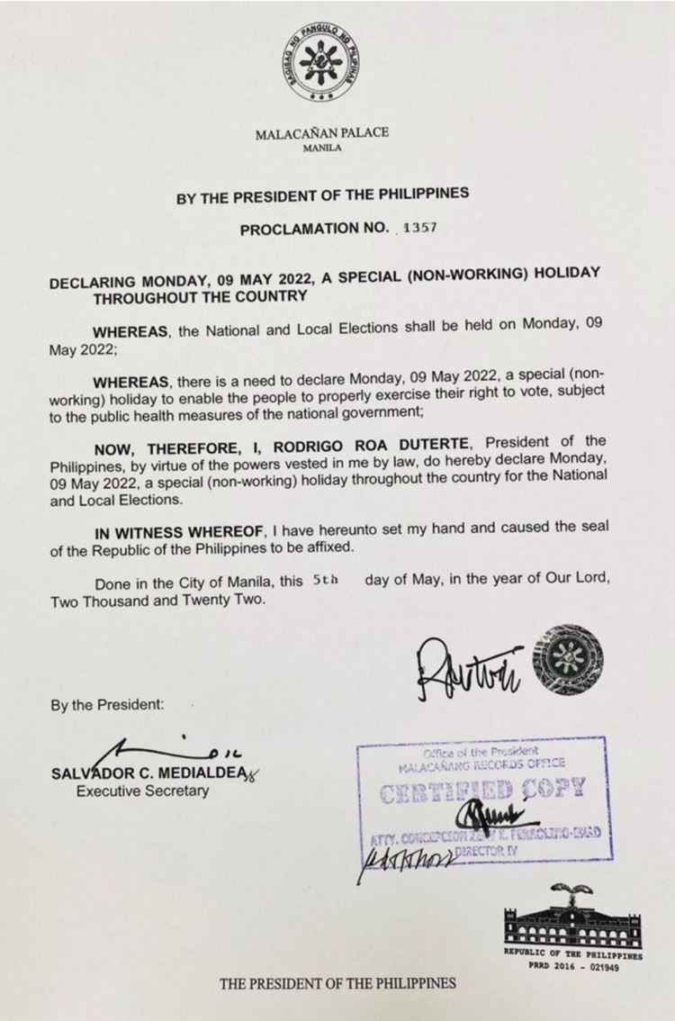 President Duterte Declares May 9 as a Special Non-Working Holiday