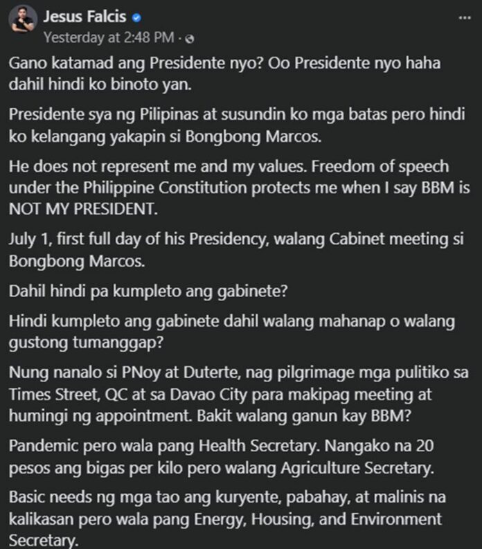 Atty. Jesus Falcis Criticizes PBBM; Calls him "Tamad"