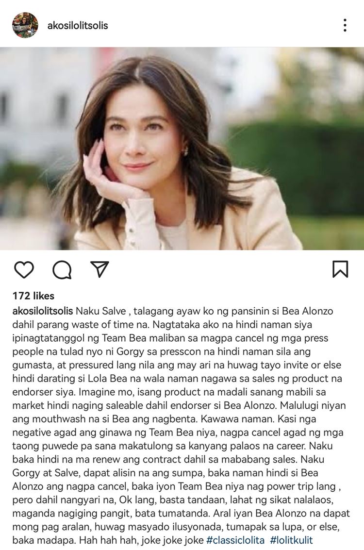 Bea Alonzo is "Waste of Time" Says Lolit Solis