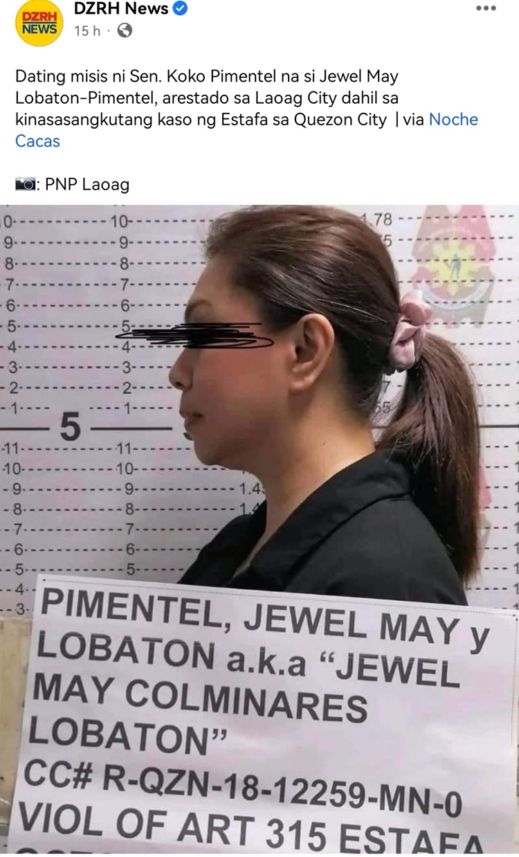 JEWEL LOBATON - Ex-Wife of Koko Pimentel Arrested Due to Estafa