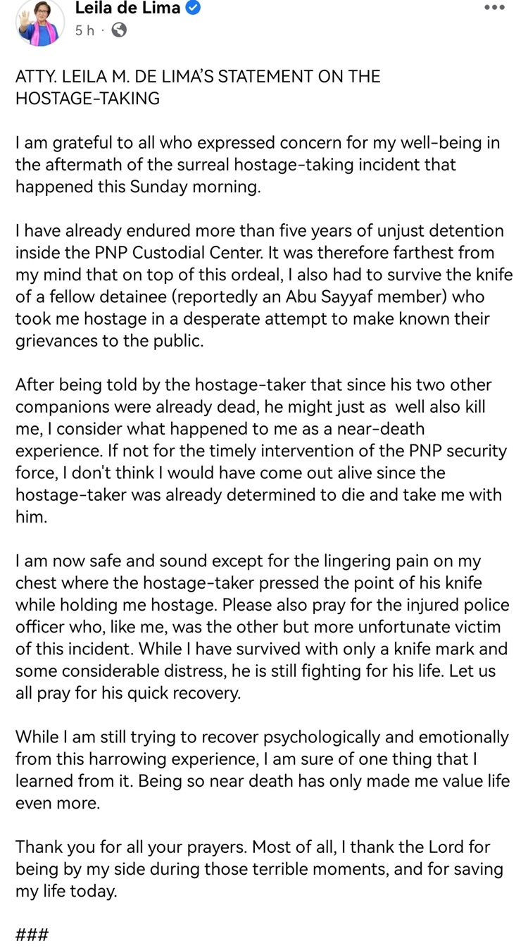 Leila De Lima Issues Statement After Hostage-Taking at Camp Crame