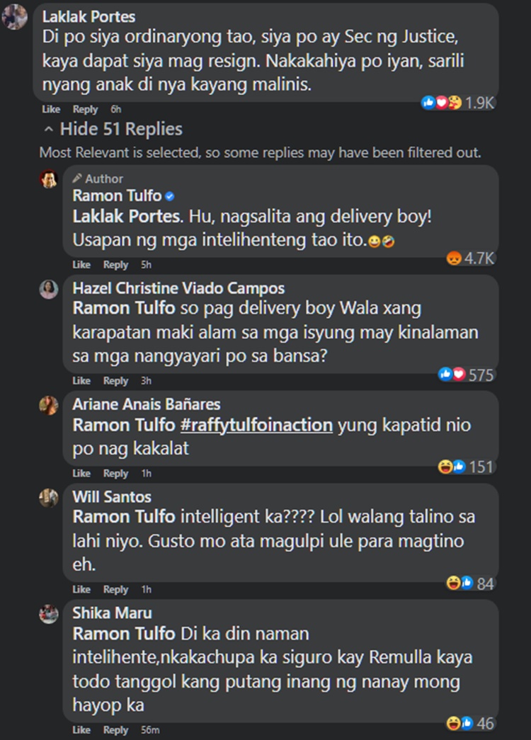 Ramon Tulfo 'Mocks' Delivery Boy Who Commented on his Post About Boying ...