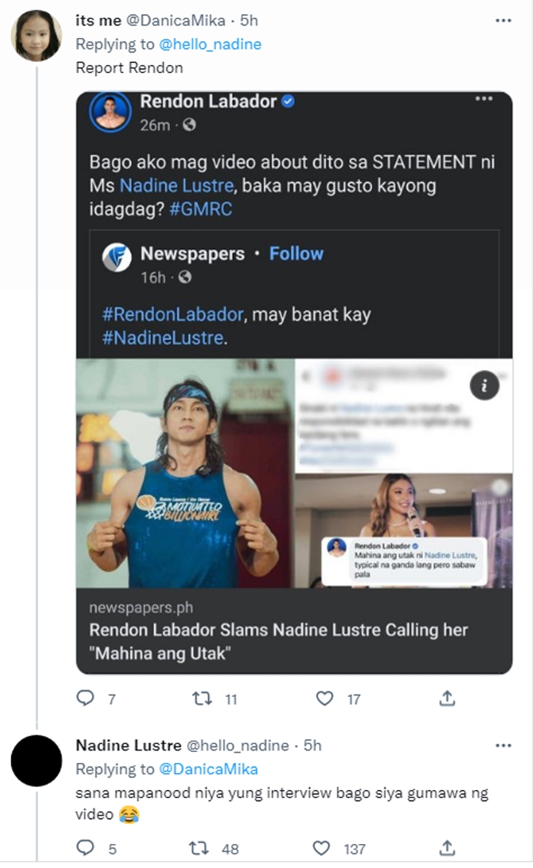 Nadine Lustre vs Rendon Labador - Is this her Response to his "Mahina ...