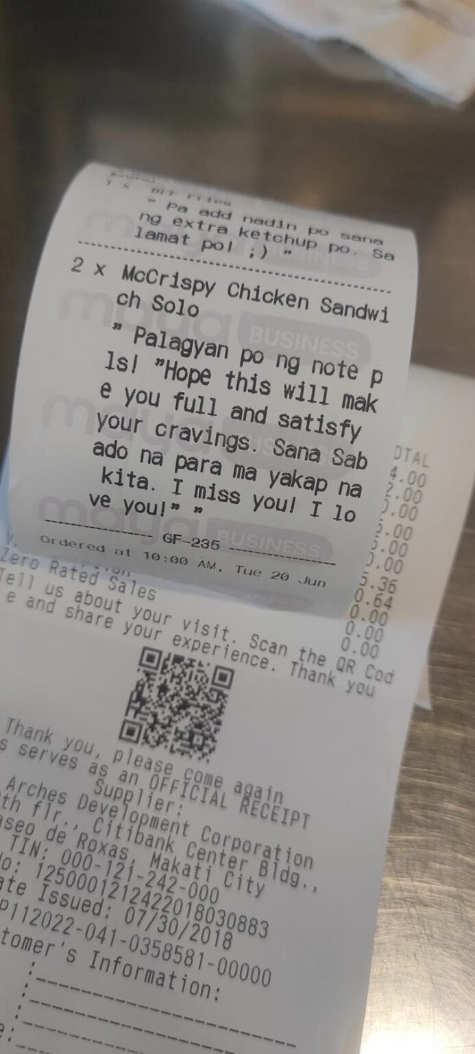 ‘SANA ALL NA LANG TALAGA’: Netizen Shares Sweet Note Written on Receipt