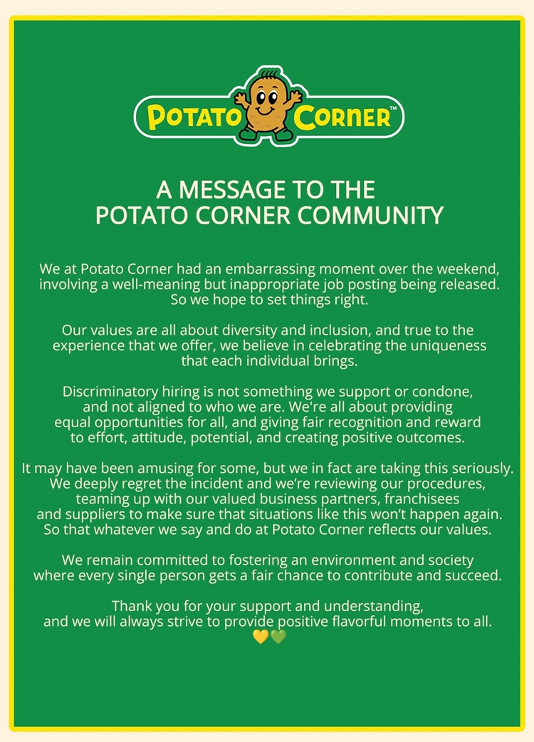 Potato Corner Issues Official Statement After Earning Backlash Due to ...