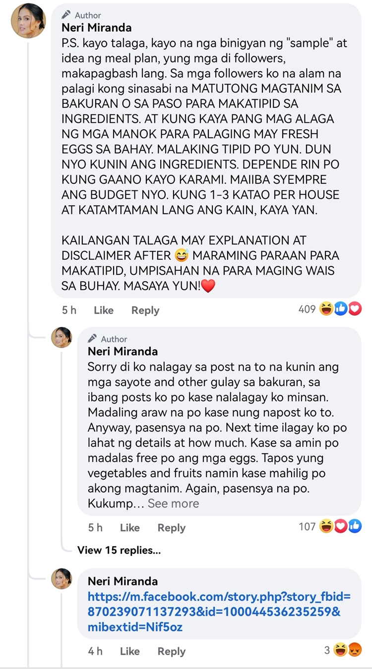 Neri Miranda Defends 1K Meal Plan: "Matutong magtanim sa bakuran ...