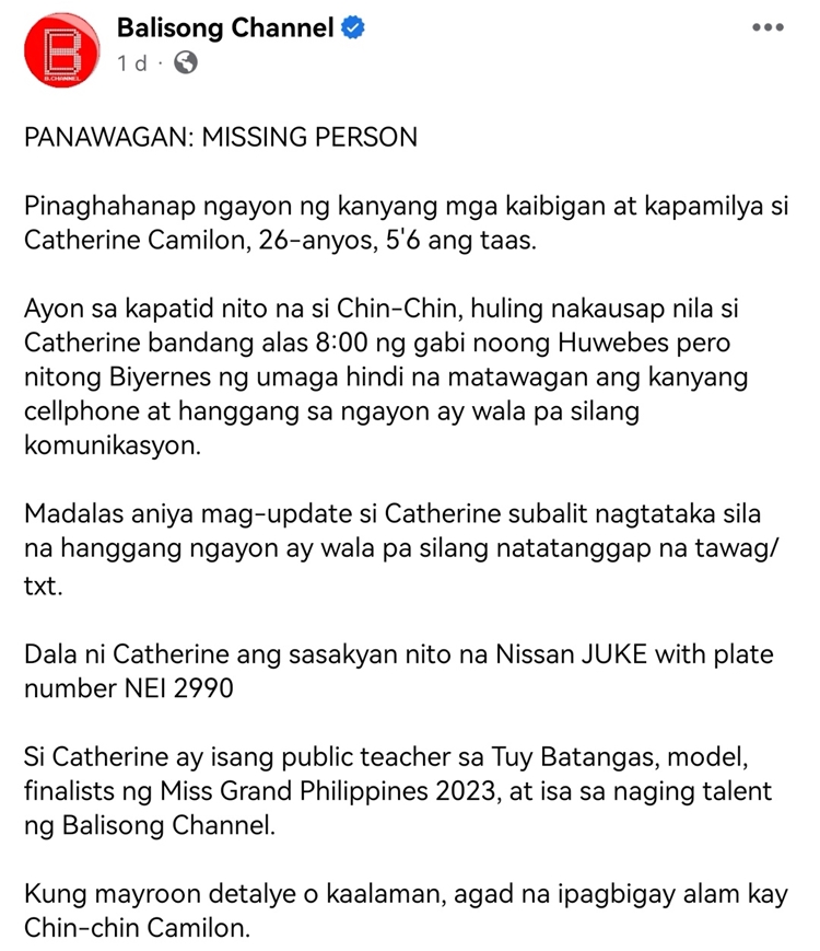 Catherine Camilon Miss Grand Philippines 2023 Candidate Is Missing