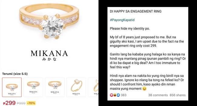 Woman Seeks Advice Over Engagement Ring Bought at Shopee for 299 Pesos ...