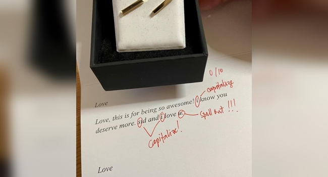 Wife's Grading and Correction of the Love Note Her Husband Gave Her ...