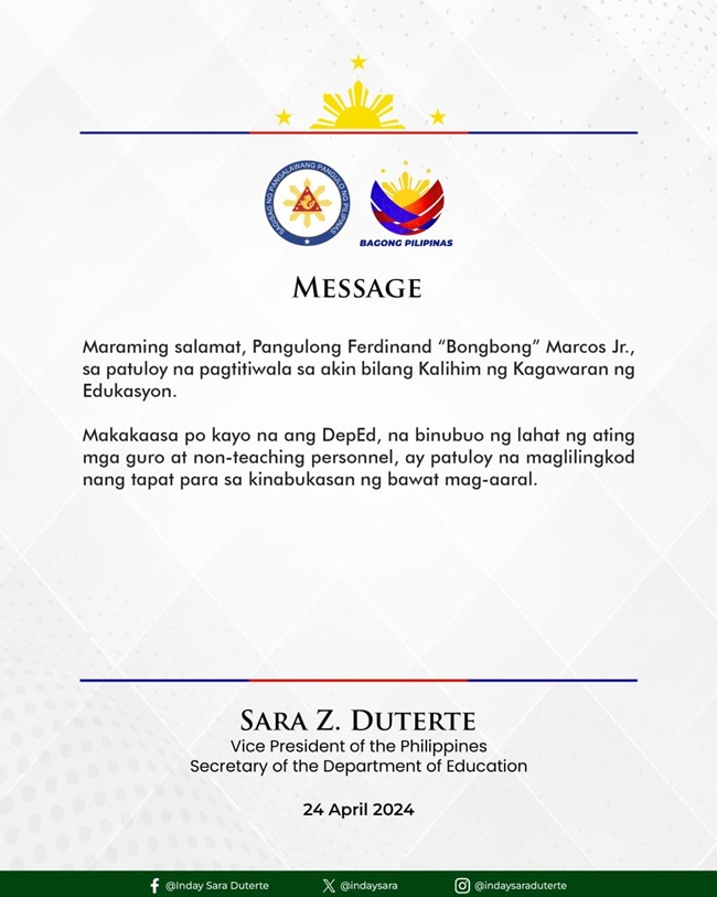 Sara Duterte Expresses Gratitude To President Marcos Jr. For Trust As ...