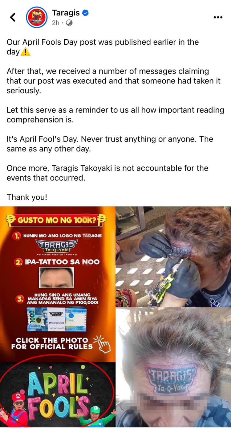 Taragis Takoyaki Receives Backlash Over Forehead Tattoo April Fools ...