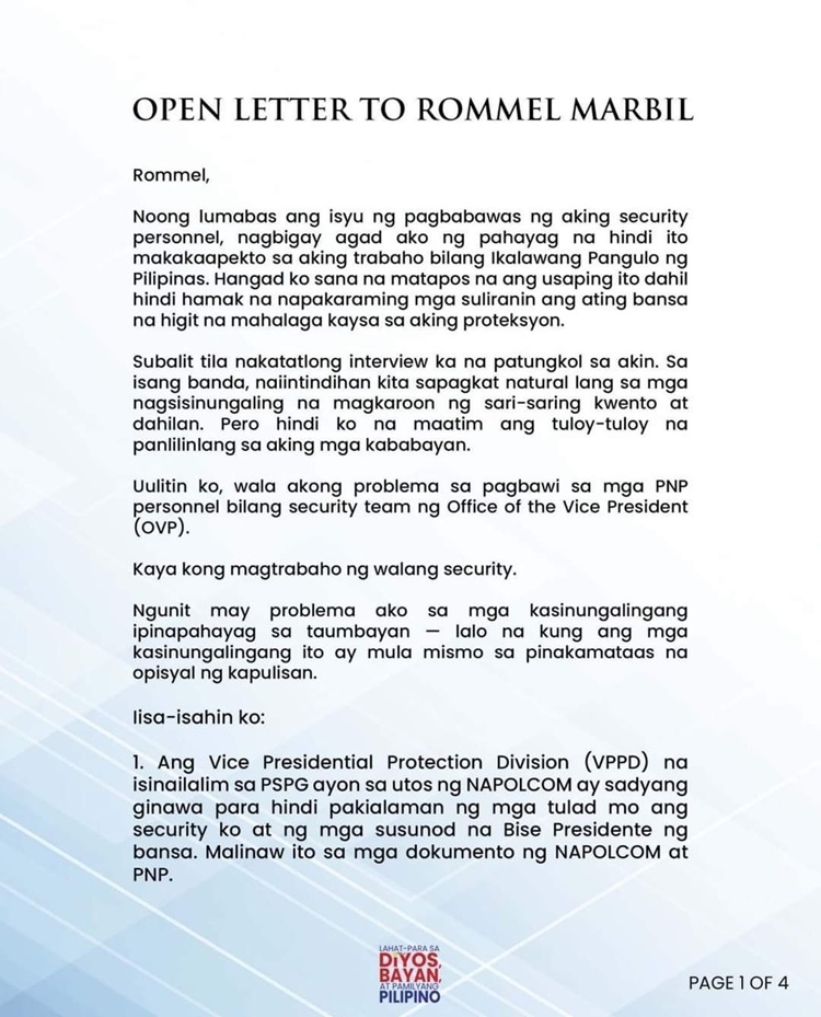 Sara Duterte Releases 'Open Letter' for PNP Chief Rommel Marbil ...
