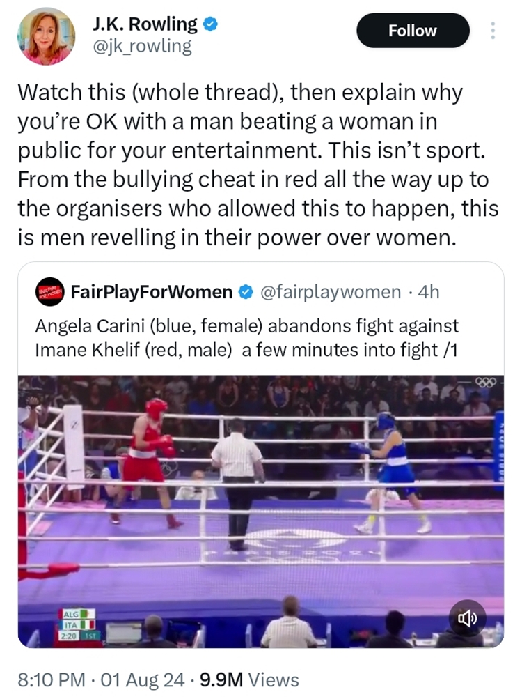 JK Rowling Protests "Male" to Female Boxing Match at Olympics | Newspapers