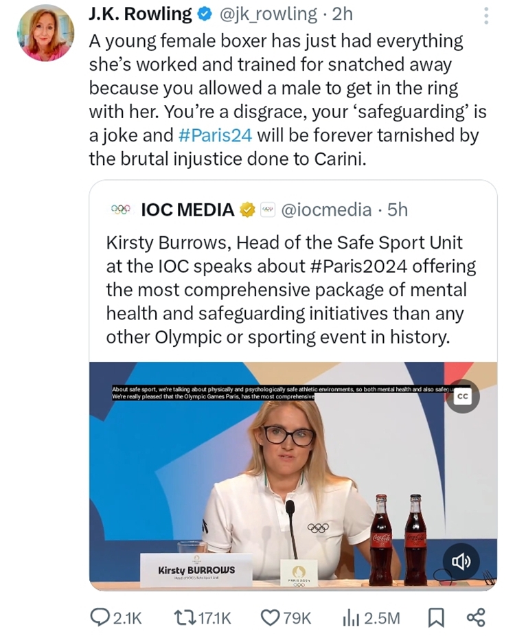 JK Rowling Protests "Male" to Female Boxing Match at Olympics | Newspapers