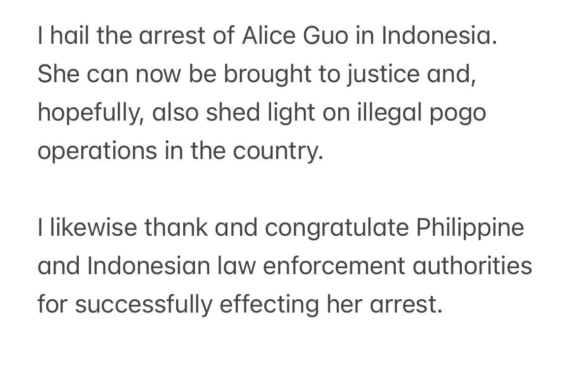 Chiz Escudero Releases Statement on Alice Guo's Arrest in Indonesia ...