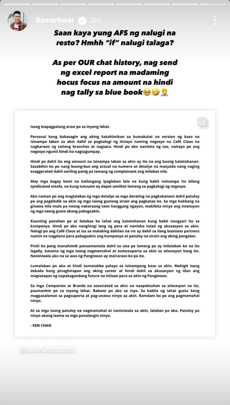 Ken Chan Former Business Partner Reacts to His Statement About his ...