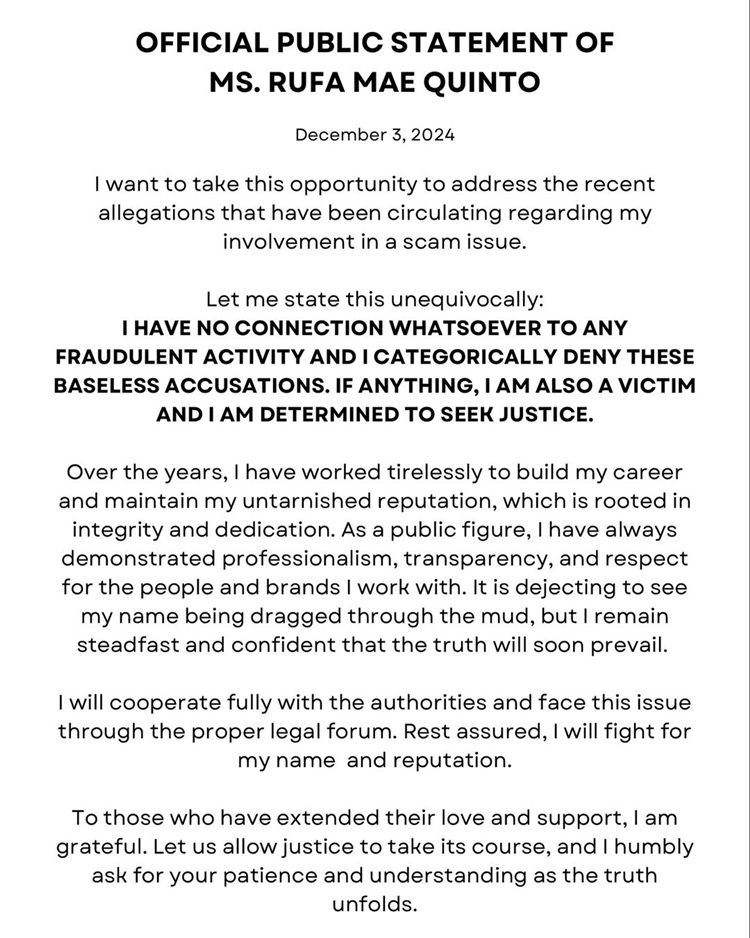 Rufa Mae Quinto Releases Official Statement on Her Involvement in the ...