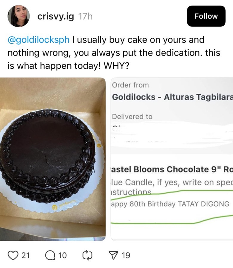 Goldilocks Responds to Missing Cake Dedication for Duterte Supporter ...