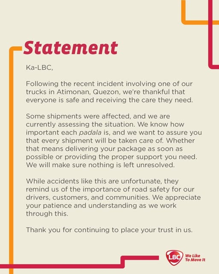 LBC Issues Statement on Delivery Truck Mishap in Quezon | Newspapers