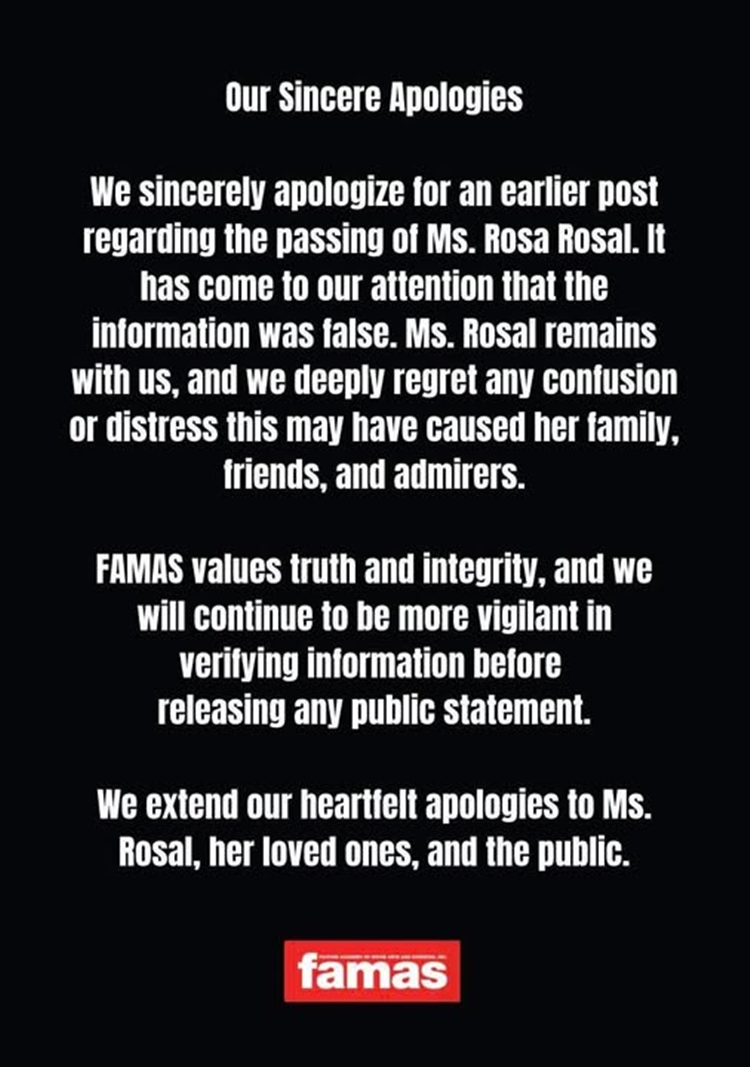 Rosa Rosal Still Alive, FAMAS Issues Apology After Announcing Her Death | Newspapers