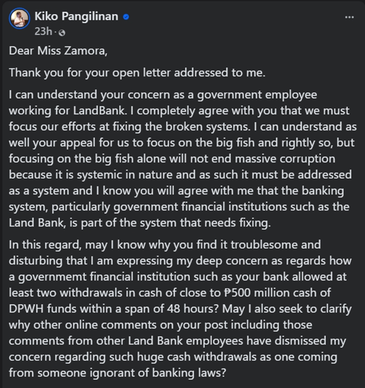 Kiko Pangilinan Reacts to Open Letter from LandBank Employee Over ...