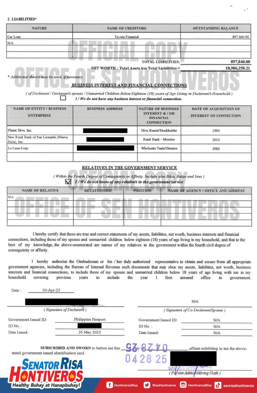 Risa Hontiveros Releases Copy of 2024 SALN Showing P18.9 Million Net ...