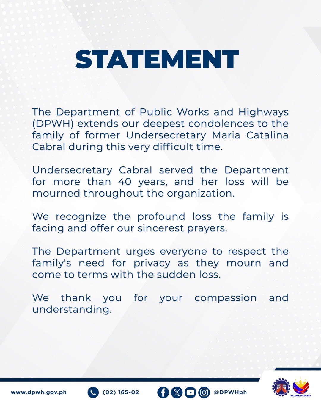 DPWH Issues Statement on Death of Former Undersecretary Maria Catalina ...