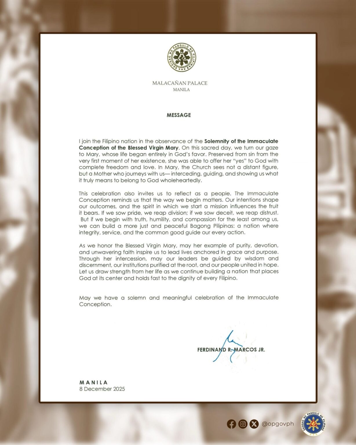 Bongbong Marcos Releases Message for Filipinos on Feast of Immaculate ...