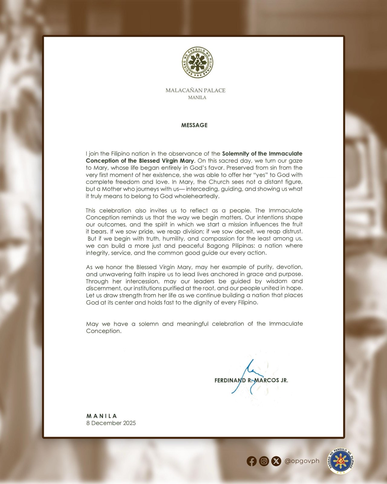 Bongbong Marcos Releases Message for Filipinos on Feast of Immaculate ...