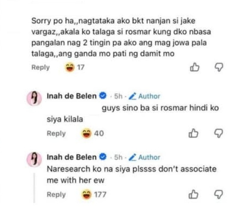Rosmar Reacts to "Ew" Comment by Inah de Belen | Newspapers